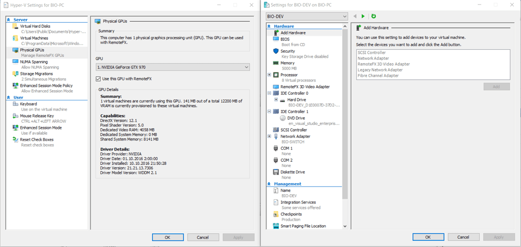 Running default template of WinDX on hyper-v VM works, but WinGL gives ...